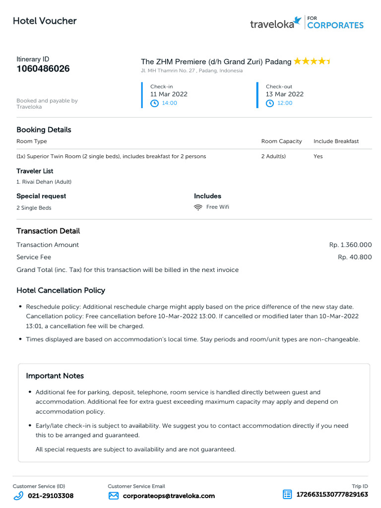 Hotel Voucher: The ZHM Premiere (D/H Grand Zuri) Padang | PDF | Fee ...