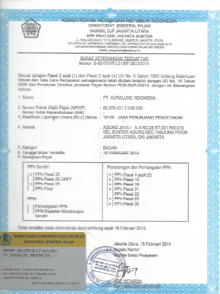 NPWP & SKT Pt. Ali | PDF
