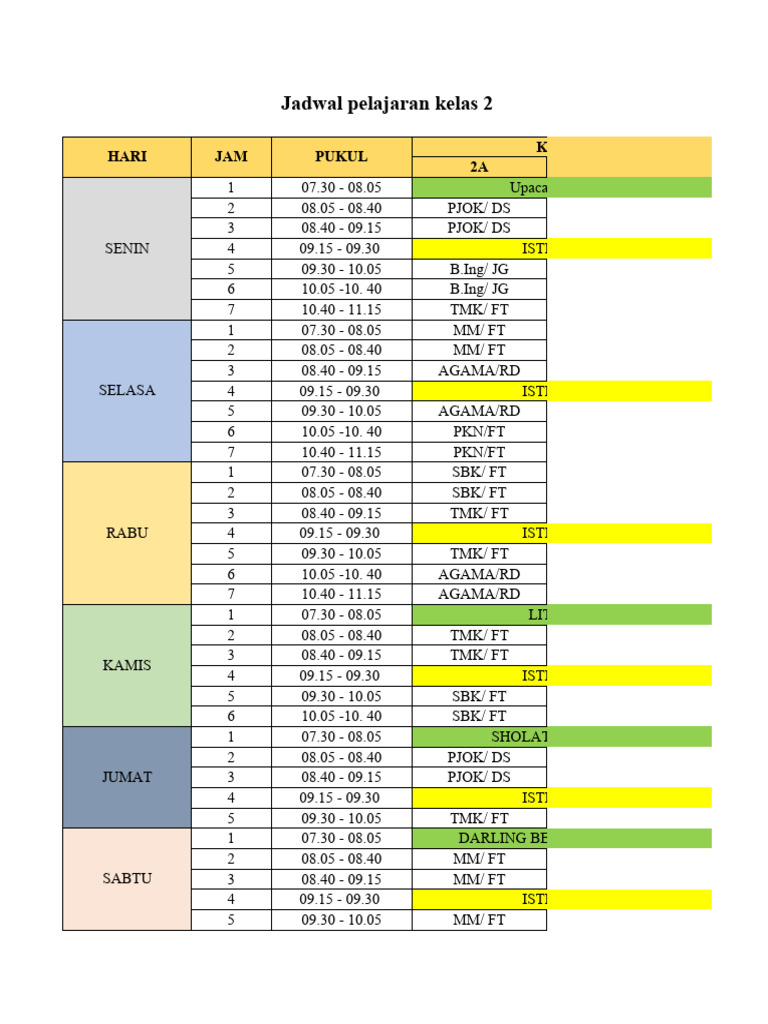 Jadwal Pelajaran Kelas 2 Smt 2 Pdf