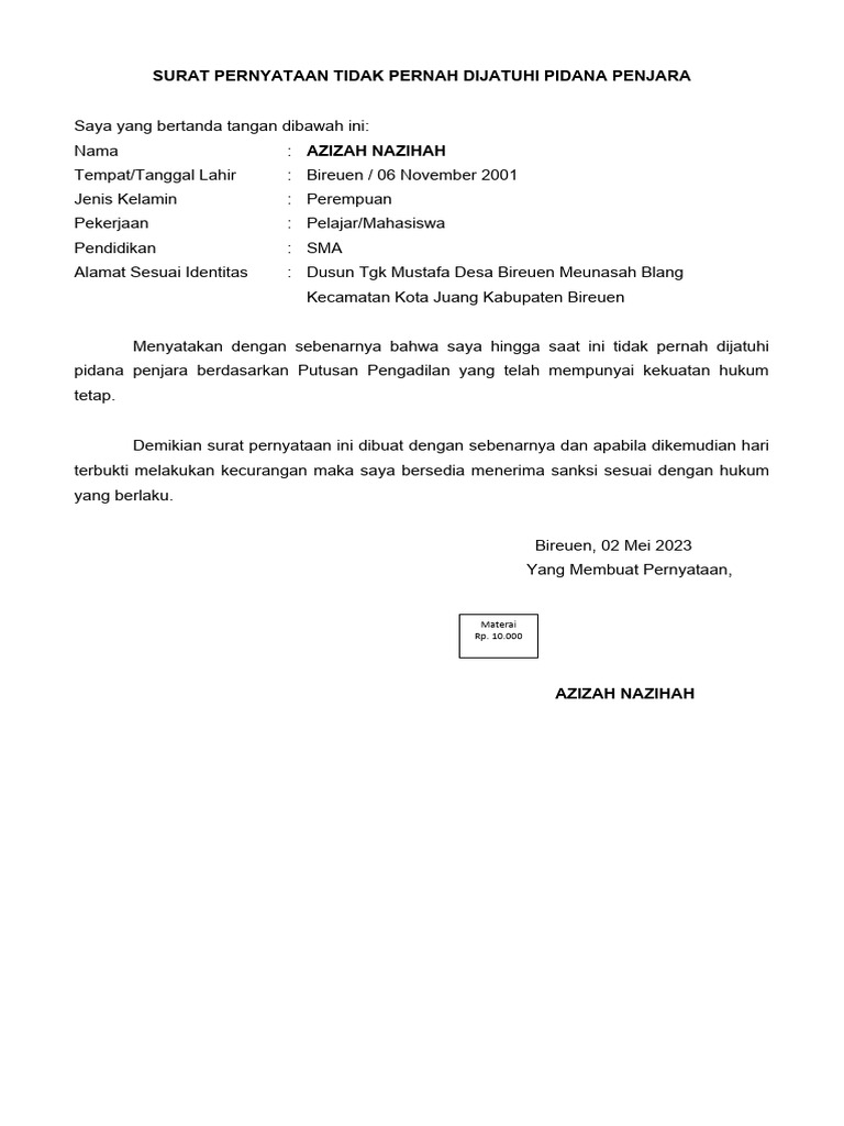 Surat Pernyataan Tidak Pernah Dipidana-Pengadilan | PDF