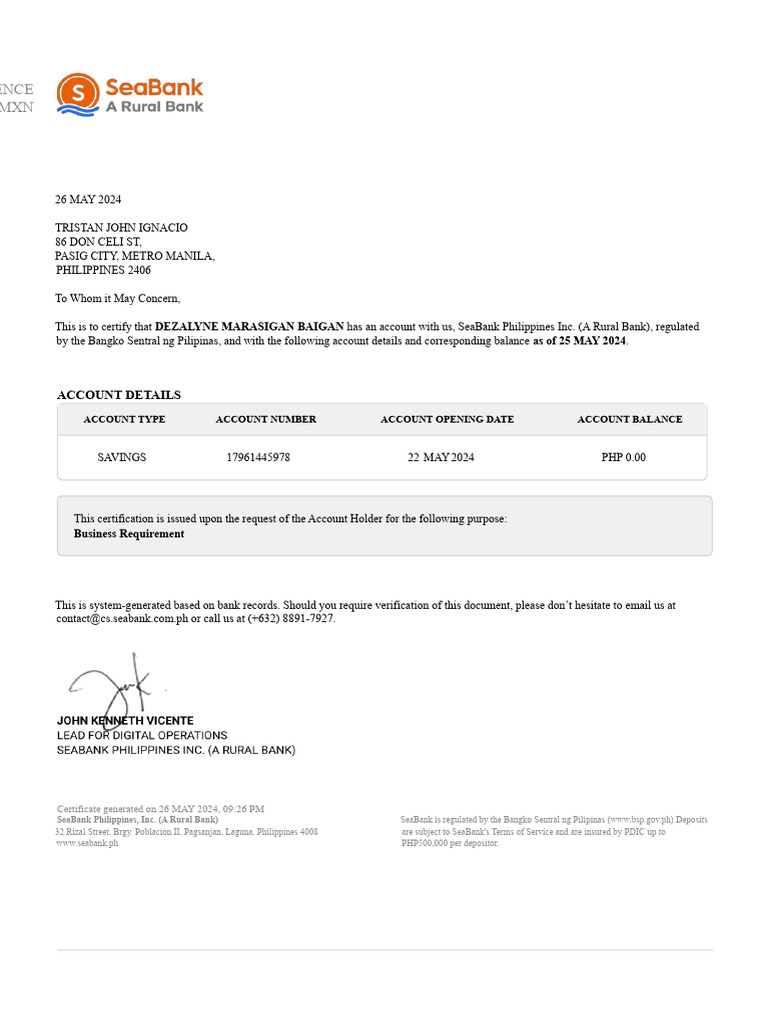 Bank Certificate SeaBankPH 20240526 | PDF | Finance & Money Management