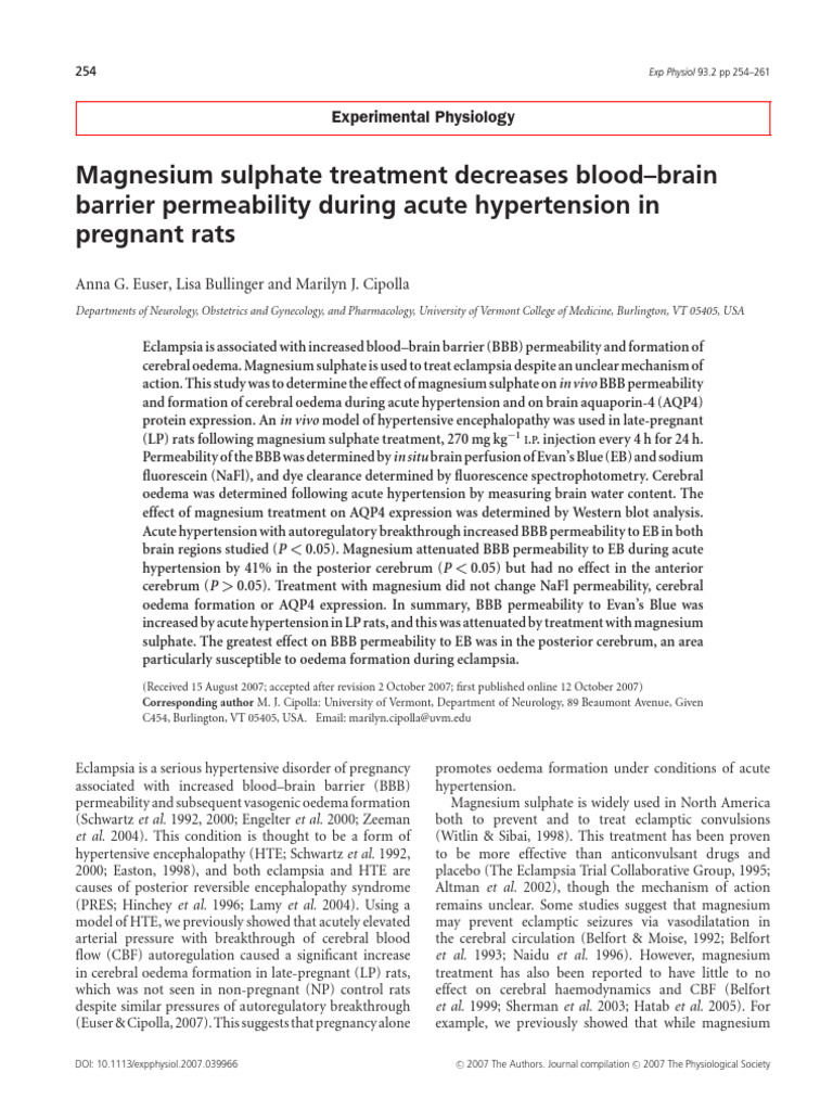 Magnesium Sulphate Treatment Decreases Blood-Brain Barrier Permeability ...