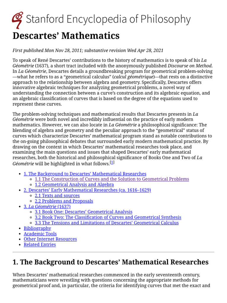 Descartes' Mathematics (Stanford Encyclopedia of Philosophy) | PDF ...