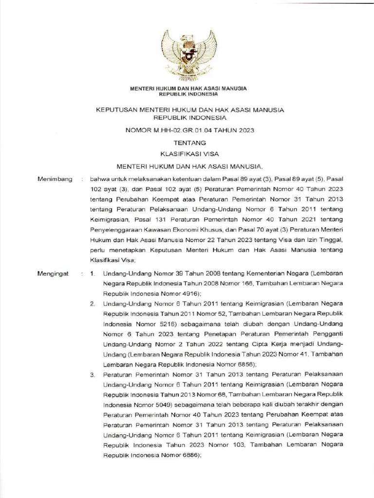 PDF Kepmenkumham Nomor MHH 02gr0104 Tahun 2023 Tentang Klasifikasi Visa Compress | PDF