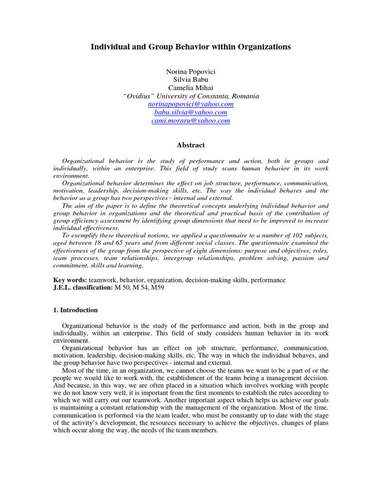 01 Individual and Group Behavior Within Organizations | PDF | Behavior ...