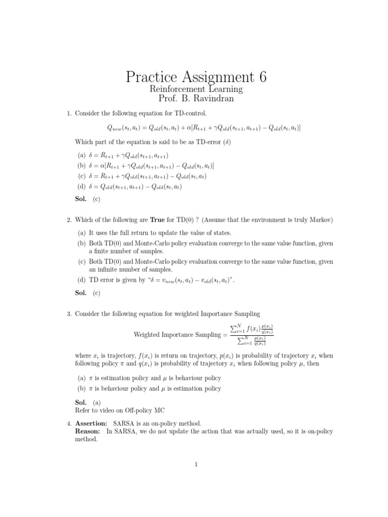 Practice Assignment 6: Reinforcement Learning Prof. B. Ravindran | PDF | Linear Map | Monte ...