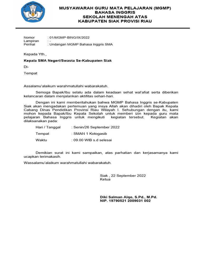 Undangan MGMP Bahasa Inggris Siak | PDF