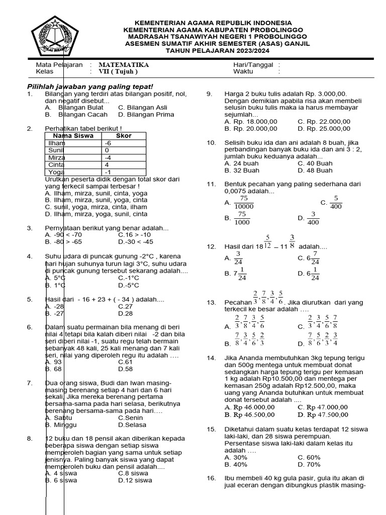 Master Soal Matematika Kurmer 2023-2024 | PDF