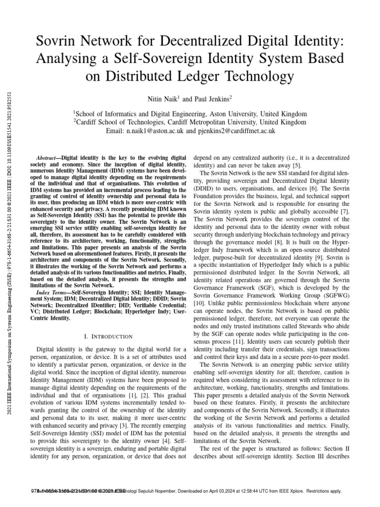 2021 Sovrin Network For Decentralized Digital Identity Analysing A Self-Sovereign Identity ...