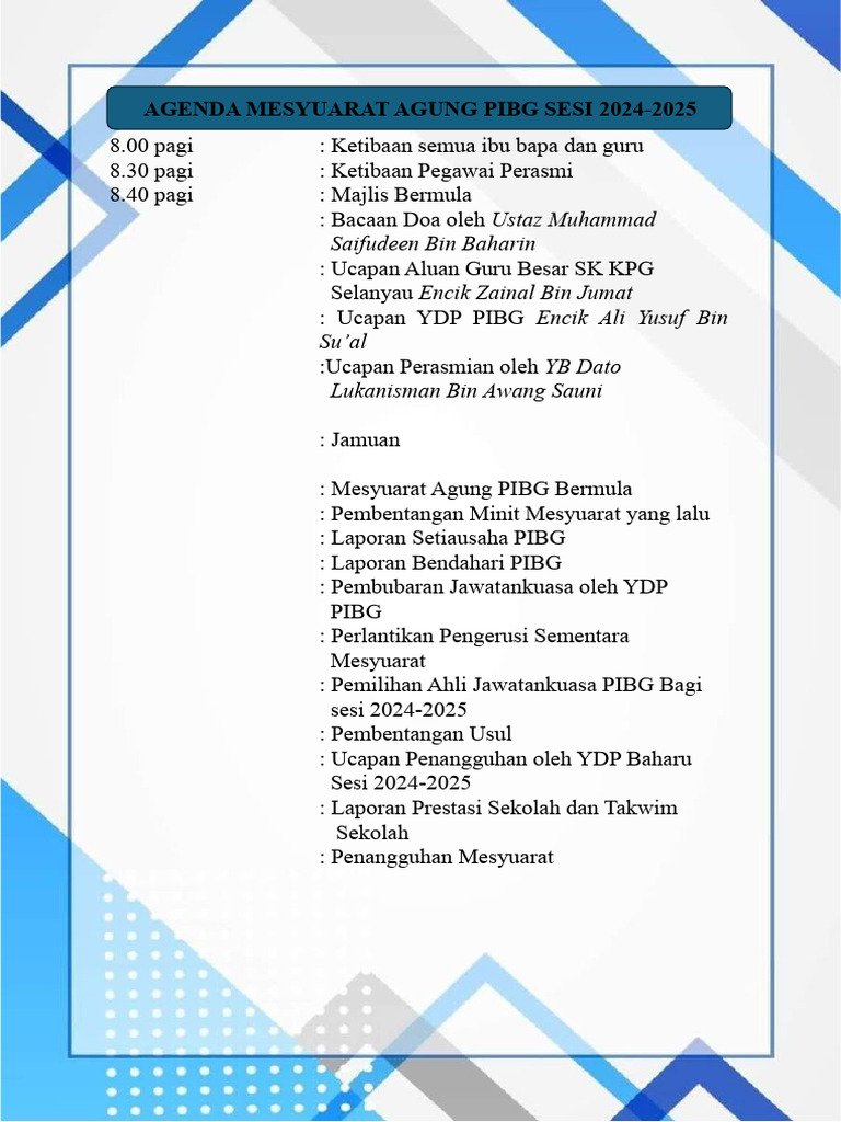Agenda Mesyuarat Agung Pibg Sesi 2024 | PDF
