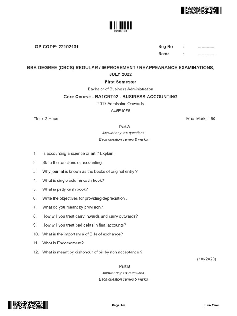 Bba Degree CBCS Regular Business Accounting July 2022 Question Paper ...