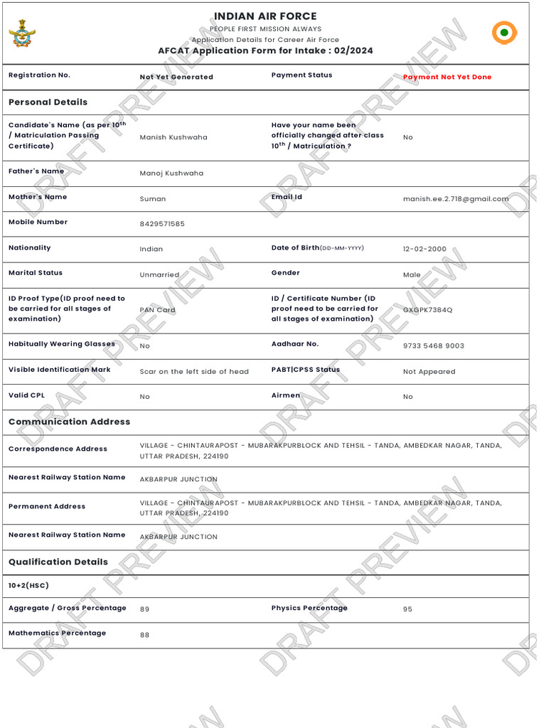 AFCAT 2024 Application Details | PDF