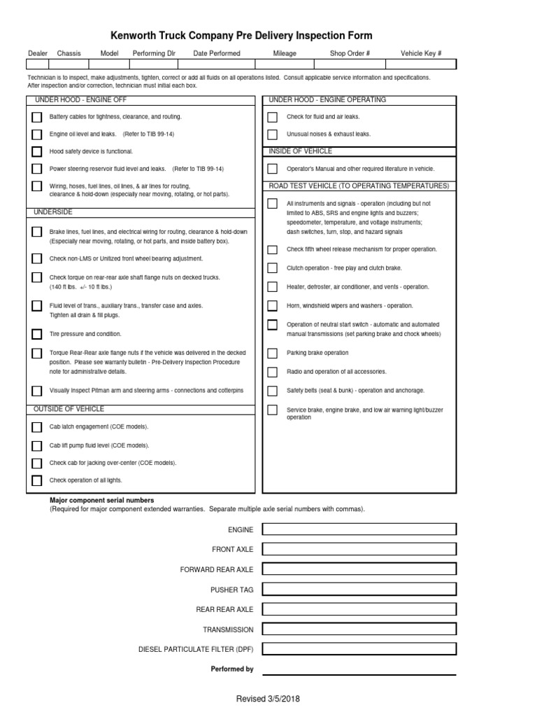 Kenworth PDI Sheet | PDF | Truck | Axle