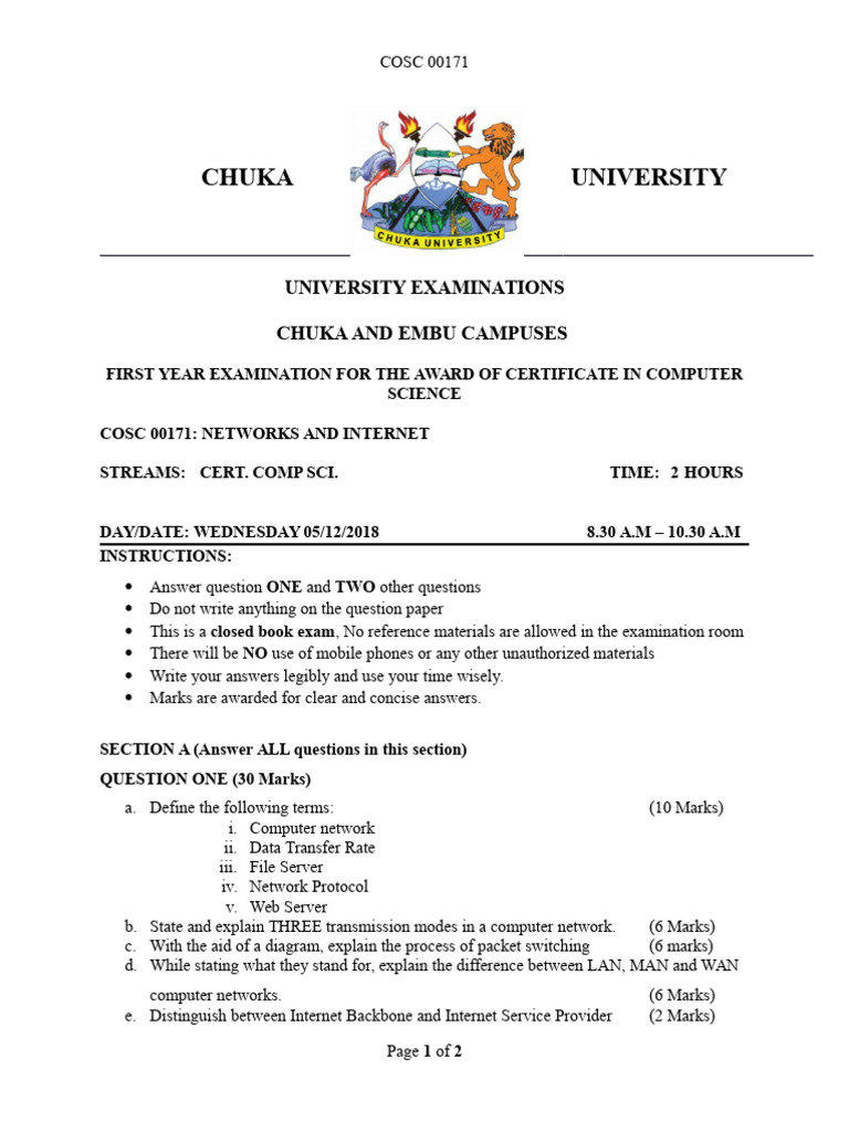 COSC 00171 Exam | Download Free PDF | Computer Network | Network Topology