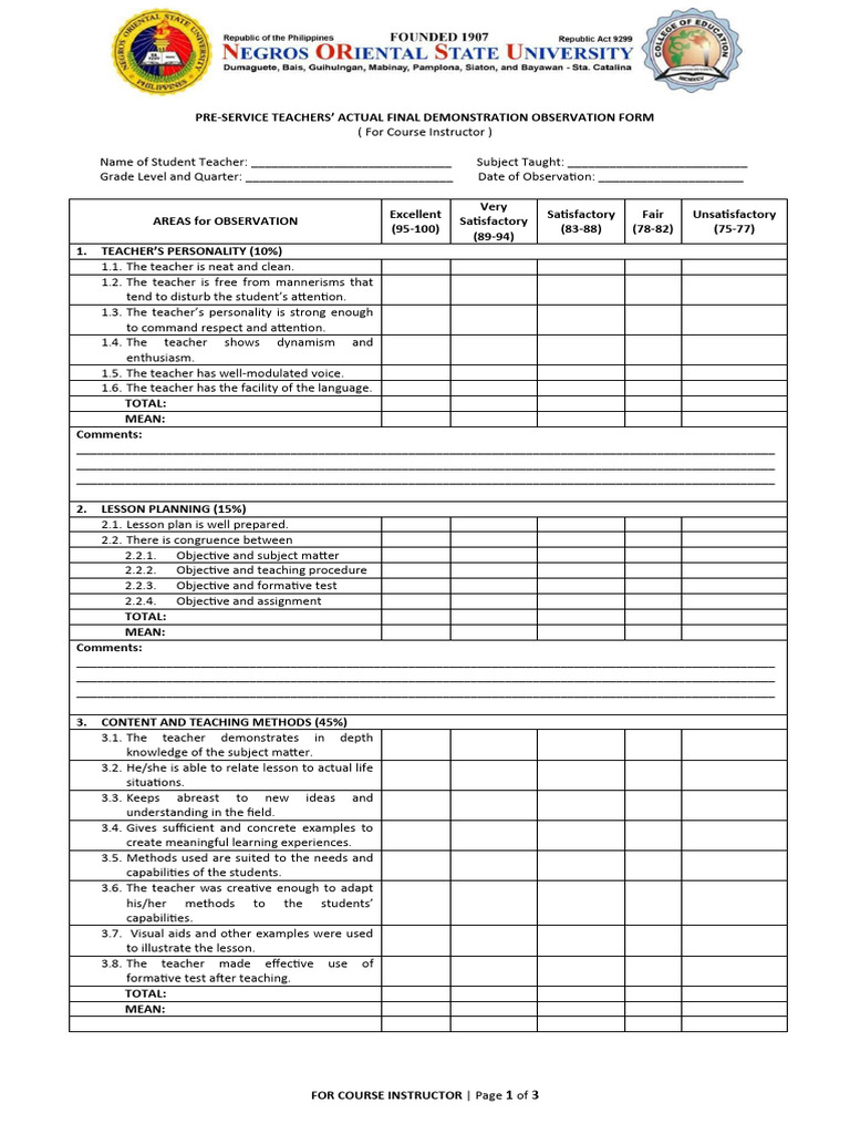 Pre Service Teachers Actual Final Demonstration Observation Form | PDF ...