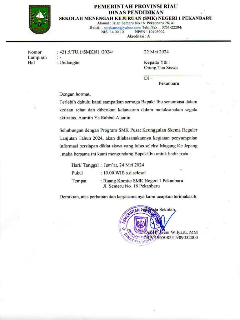 UNDANGAN UNTUK ORANG TUA MAGANG KE JEPANG 24-5-24 | PDF