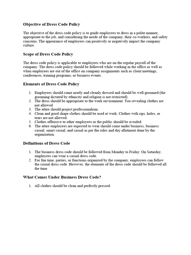 Objective of Dress Code Policy | PDF | Business