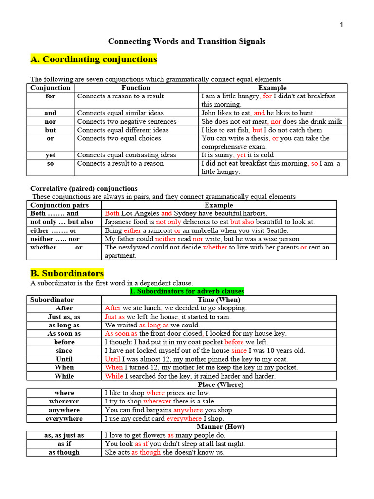 Transition Words and Conjunctions Guide | PDF | Adjective | Grammar