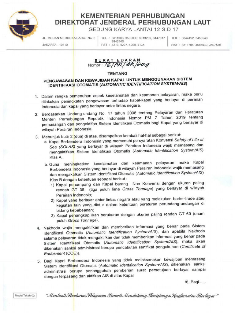 Surat Edaran No. 16-PK-DK-2019 Tentang Pengawasan Dan Kewajiban Kapal Untuk Meggunakan Sistem ...