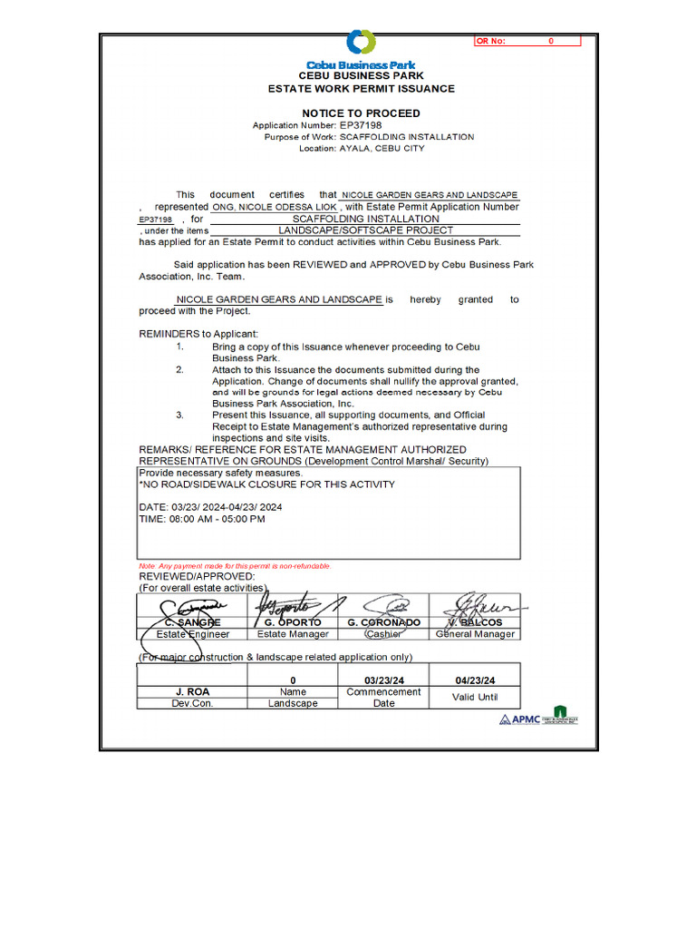 Cebu Business Park Estate Work Permit Issuance Notice To Proceed | PDF ...