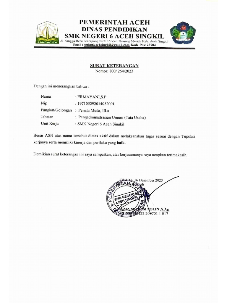 Surat Keterangan Bu Ermayani | PDF