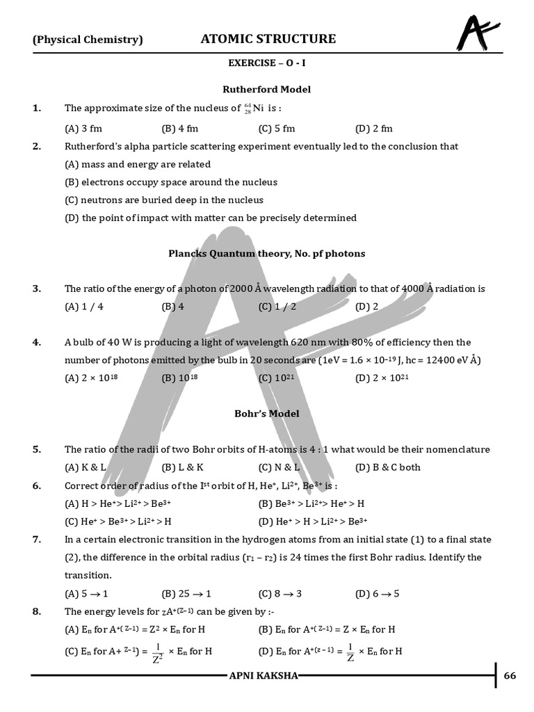 Atomic Structure SHEET (Exercise) | PDF | Photoelectric Effect | Atoms