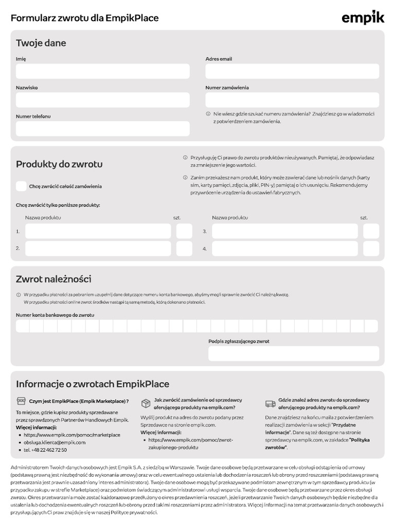 Formularz Zwrotu OZ599556 | PDF