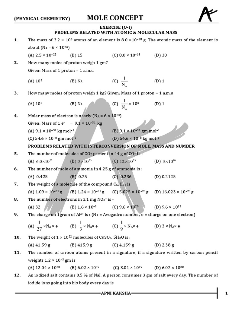 Mole Concept Exercises and Solutions | PDF | Mole (Unit) | Molecules