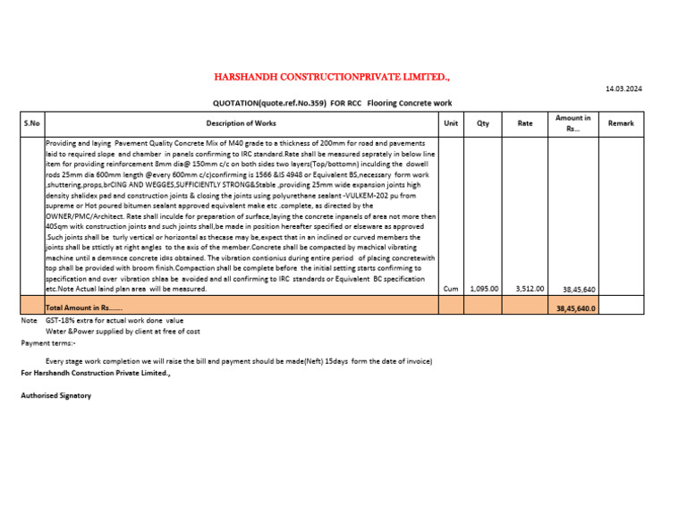 QUOTATION (Quote - Ref.no.359) FOR RCC Flooring Concrete Work | PDF ...