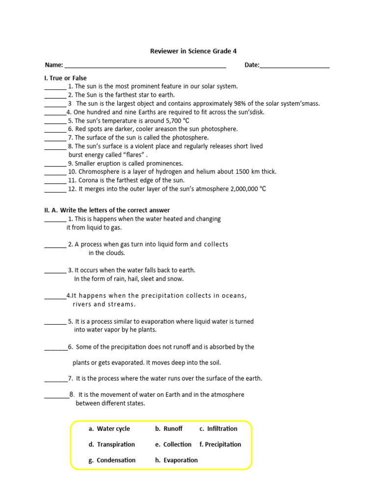 Reviewer in Science Grade 4 | PDF | Sun | Water