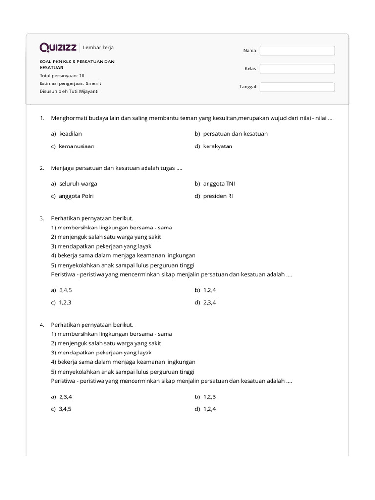 SOAL PKN KLS 5 PERSATUAN DAN KESATUAN - Quizizz | PDF