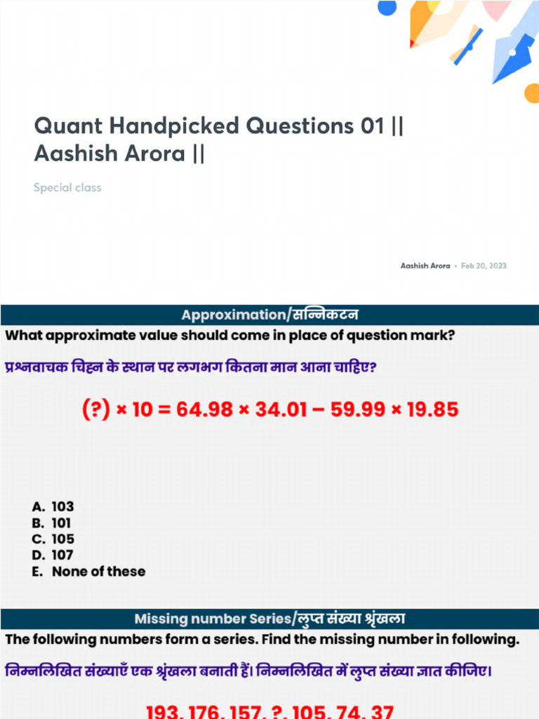 Quant Handpicked Questions 01 Aashish Arora No Anno | PDF