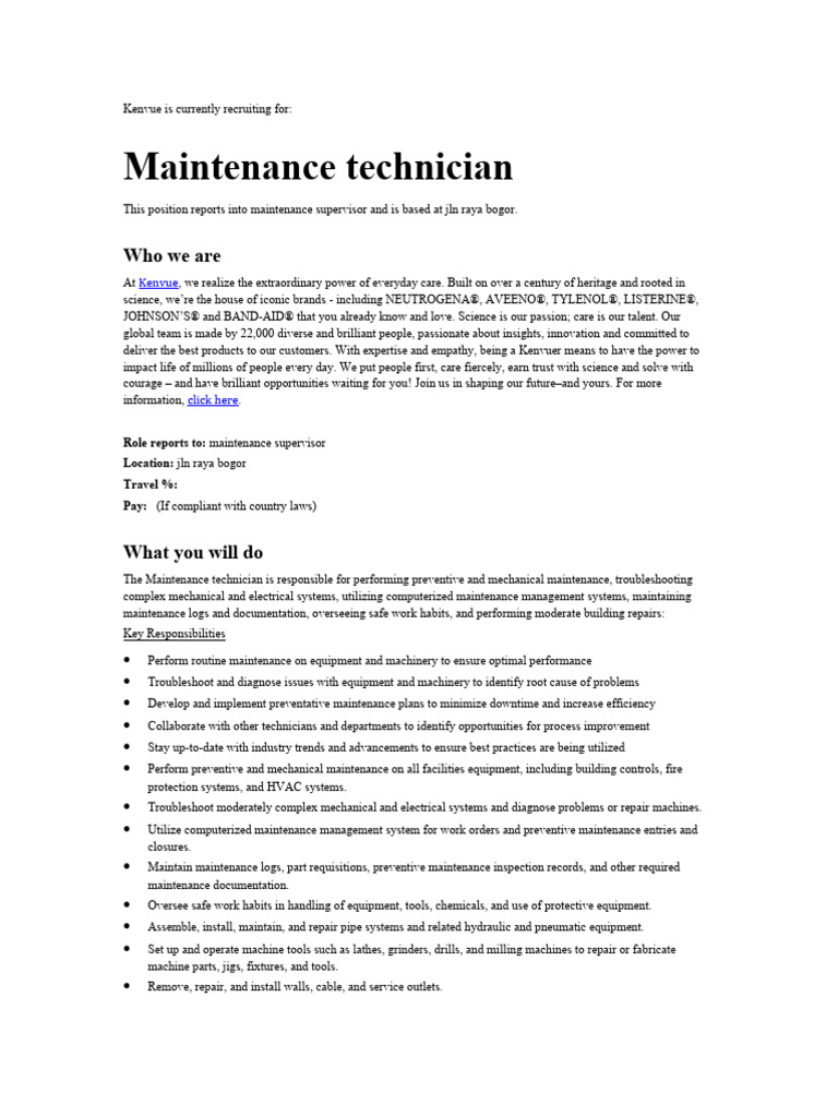 Job Description Maintenance Technician | PDF | Salary | Employment