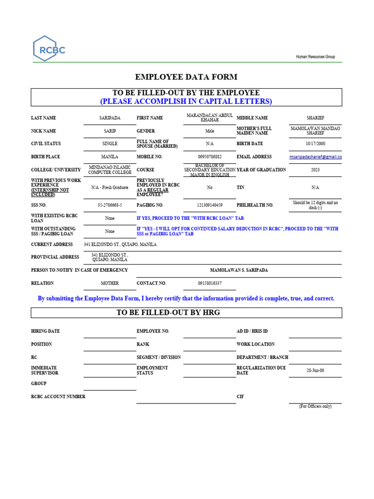 B. Employee Data Form (1) | Download Free PDF | Loans | Business