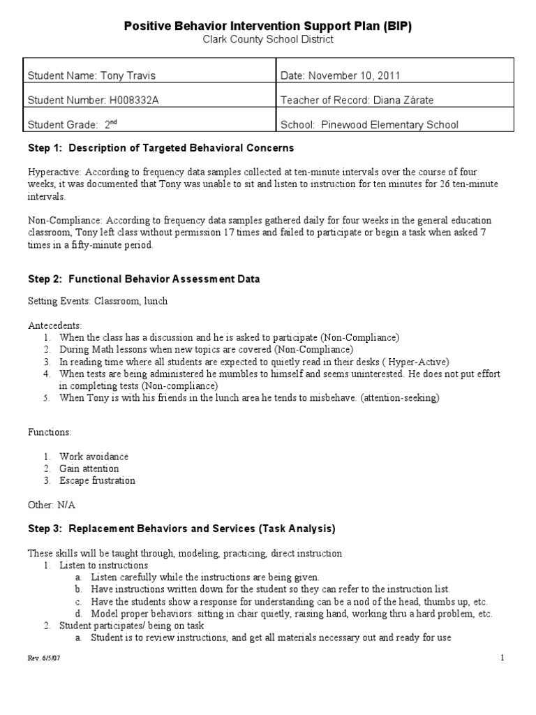 Positive Behavior Intervention Support Plan (BIP) : Step 1: Description ...
