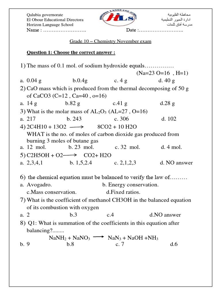 Grade 10 Chemistry Exam Guide | PDF | Mole (Unit) | Sodium Hydroxide