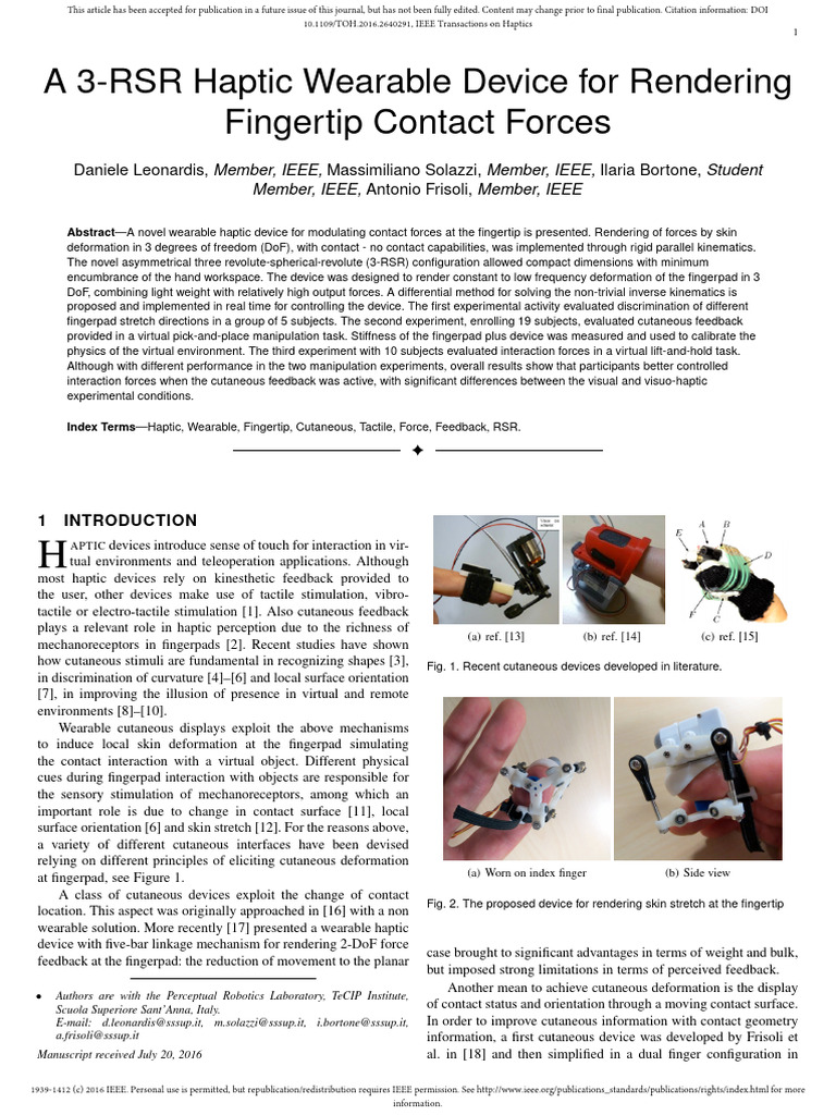 A 3-RSR Haptic Wearable Device For Rendering Fingertip Contact Forces | PDF | Kinematics | Mechanics