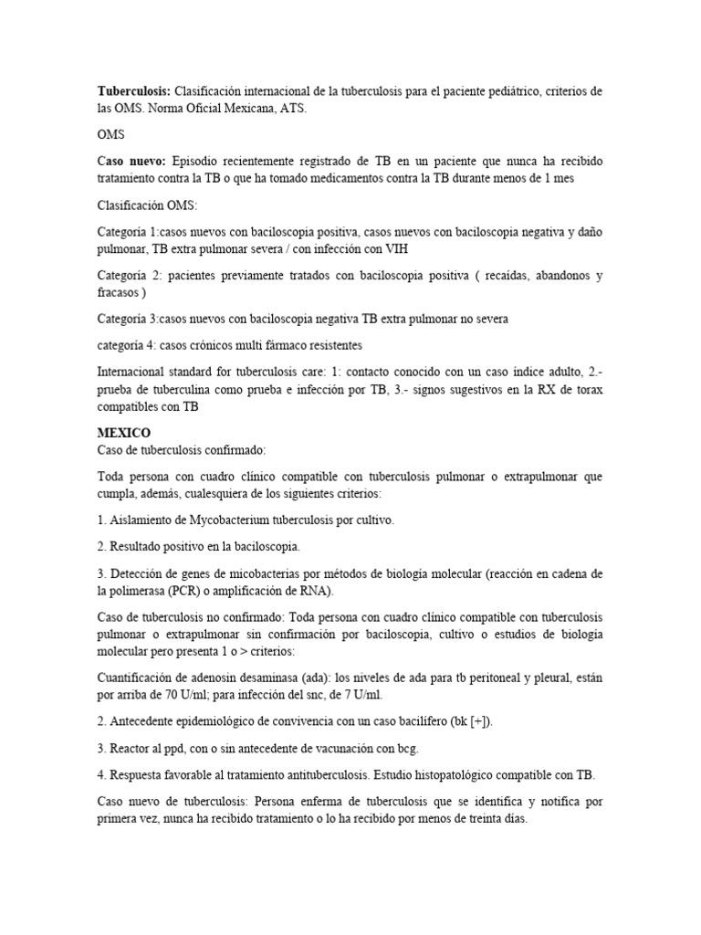 TB clasificaciones, ATS, NOM, OMS resumen | PDF | Tuberculosis ...