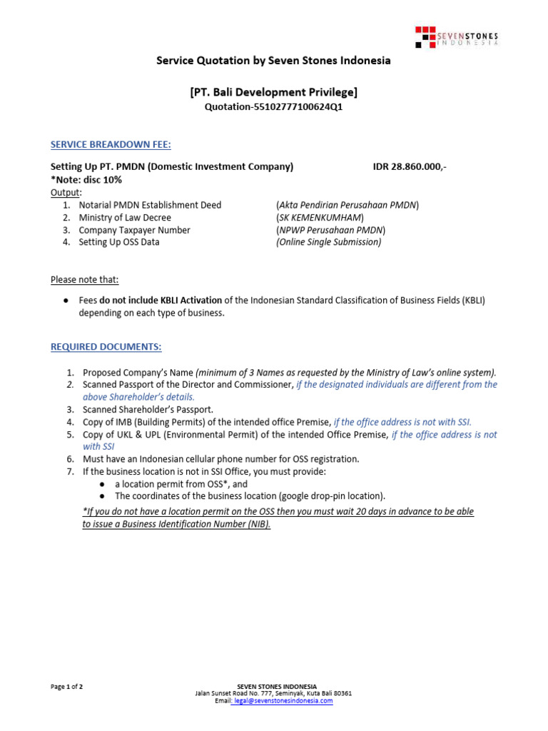 Quotation 55102777100624Q1 PMDN PT Bali Development Privilege | PDF ...