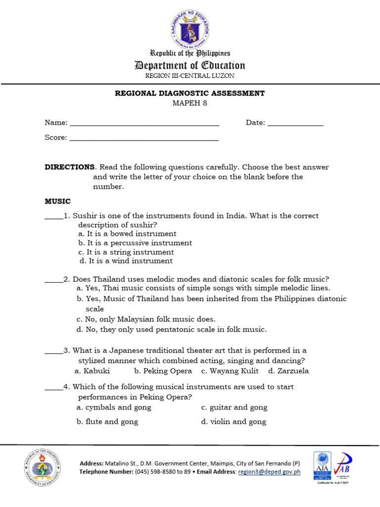 Grade -8 MAPEH Assessment Tool | PDF | Musical Instruments | Physical ...