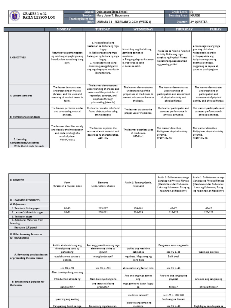 DLL - Mapeh 4 - Q3 - W1 | PDF
