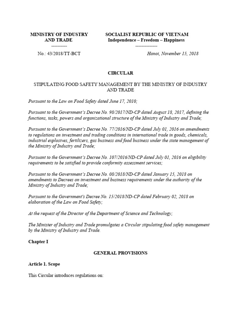 43_2018_TT-BCT_Form Vệ sinh an toan-EN | PDF | Food Safety | Decree