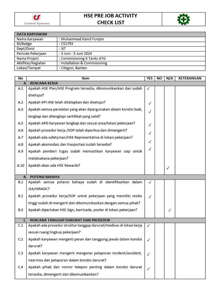Pre Job Activity - PTCS - M. Kamil F. | PDF | Teknologi & Rekayasa