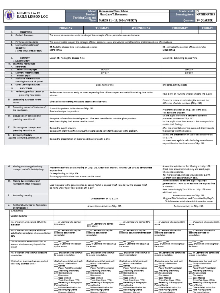 DLL - Mathematics 4 - Q3 - W7 | PDF | Learning | Education Theory