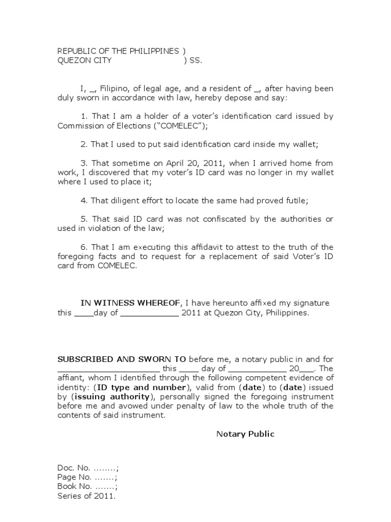 Affidavit of Loss- Id Sample Affidavit of Loss- Id Sample