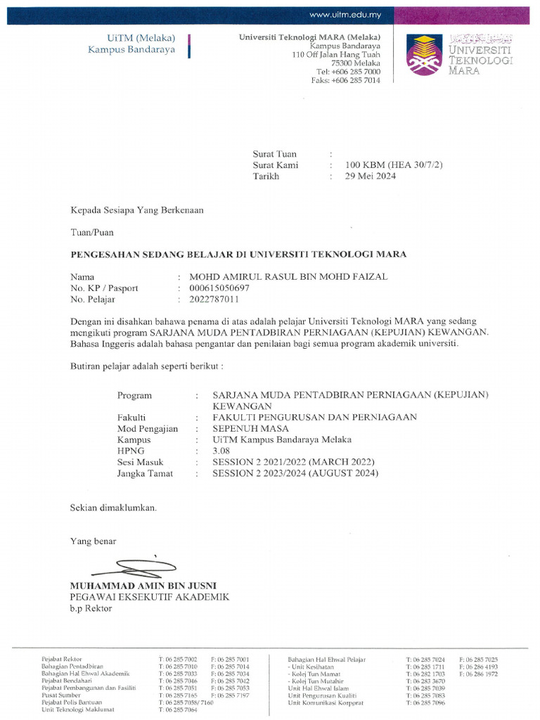 Surat Pengesahan Tamat Belajar Di Uitm-Mohd Amirul Rasul Mohd Faizal | PDF