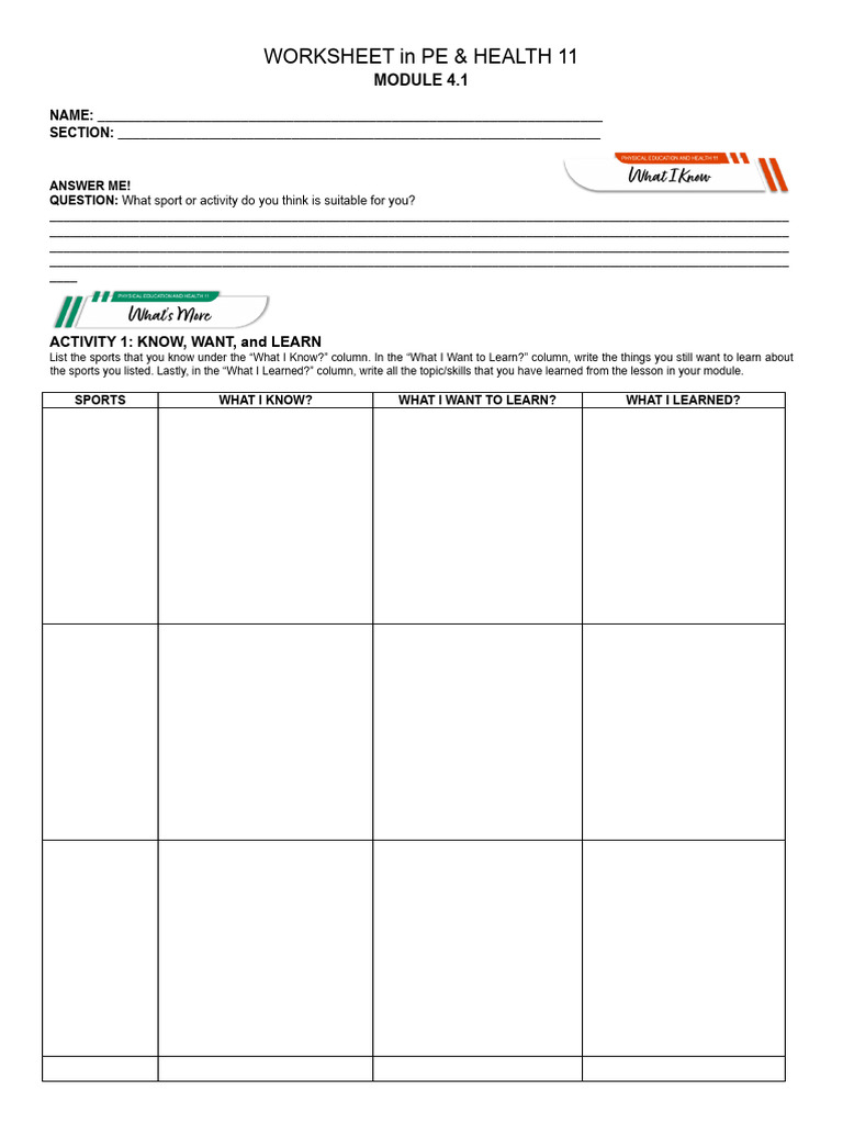 WORKSHEET in PE | PDF | Career & Growth