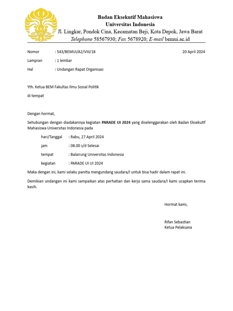 Undangan Rapat PARADE UI 2024 | PDF