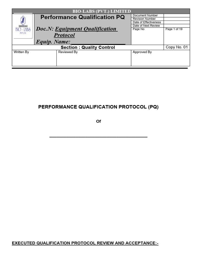 Performance Qualification PQ (Equipments Qualifiacation Protocol) | PDF