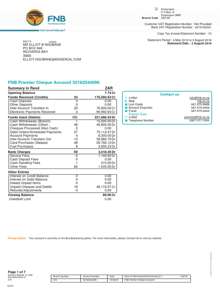 FNB Premier Cheque Account Summary | PDF | Debit Card | Cheque